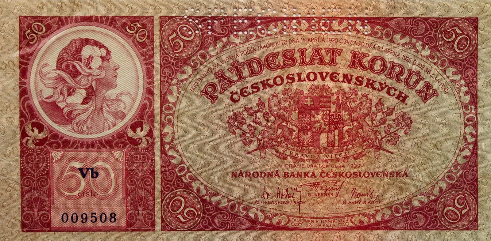 Bankovka 50 KORUN ČESKOSLOVENSKÝCH 1929 SPECIMEN - AUCTION - fine art, graphics, medals ...