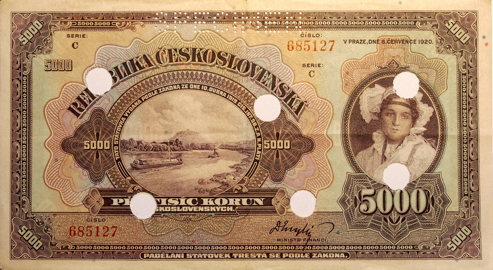 Bankovka SPECIMEN 5000 KORUN ČESKOSLOVENSKÝCH 1920 - AUCTION - fine art ...