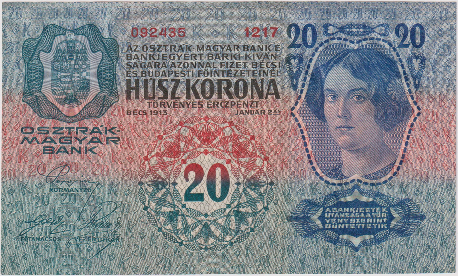 Stav N | 20 Koruna 1913, I.vydání, série 1217, BKK RU6, Pick 13, Václ ...